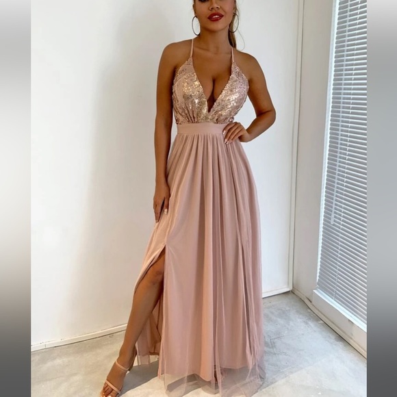 Dresses | Sequin Bodice Backless Mesh Cami Prom Dress | Poshmark